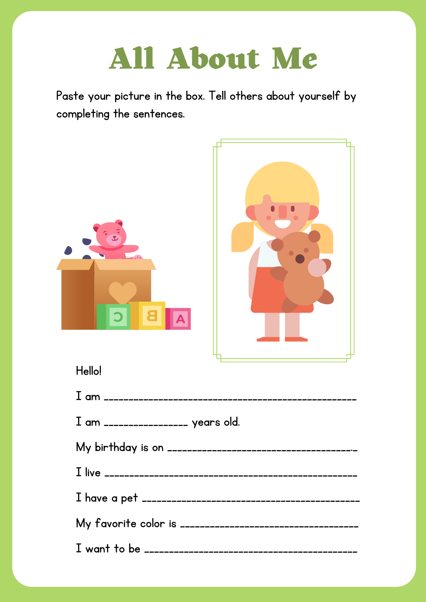 All About Me Worksheet Printable for Kids
